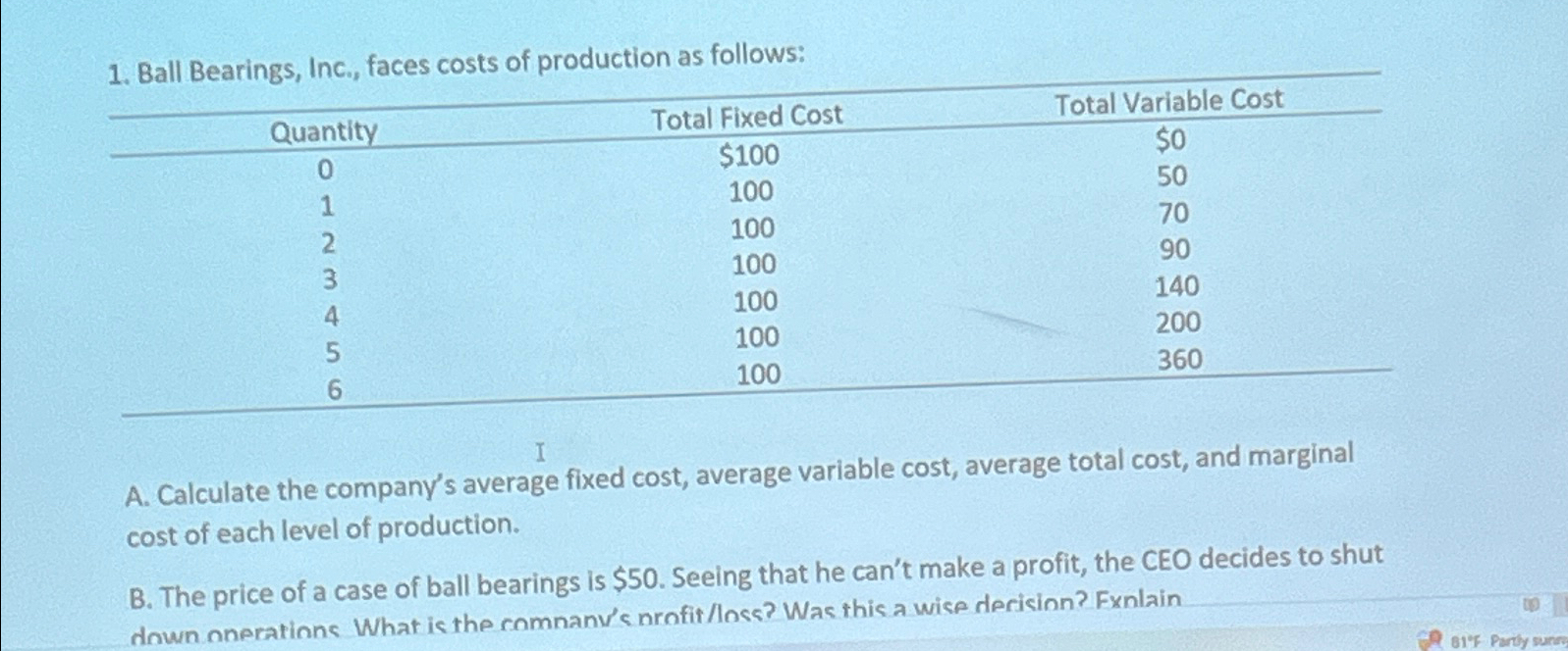 Solved Ball Bearings, Inc., faces costs of production as | Chegg.com