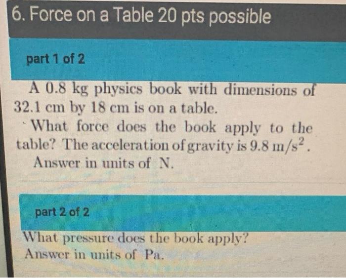 Solved 6. Force on a Table 20 pts possible part 1 of 2 A 0.8 | Chegg.com