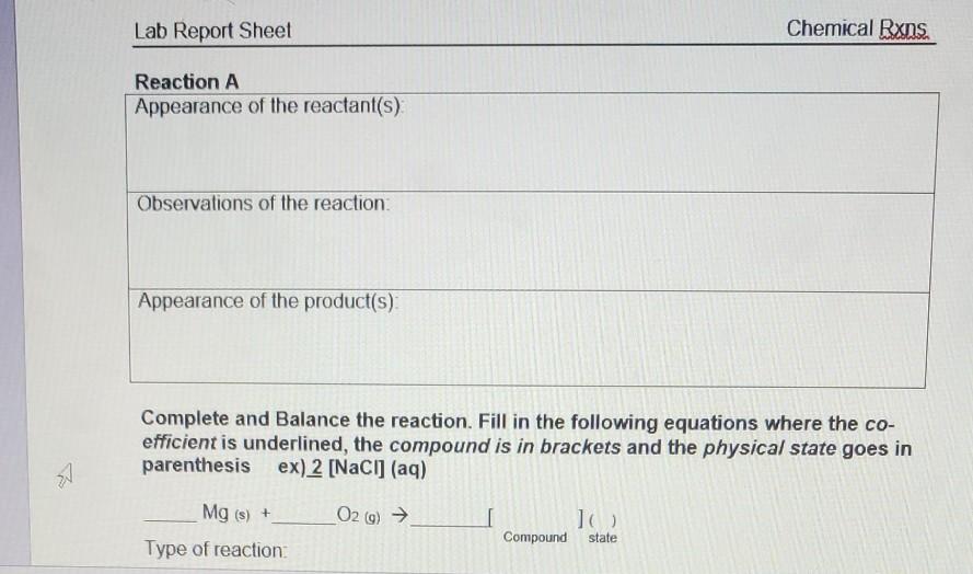 Solved Lab Report Sheet Chemical Rxns Reaction A Appearance | Chegg.com