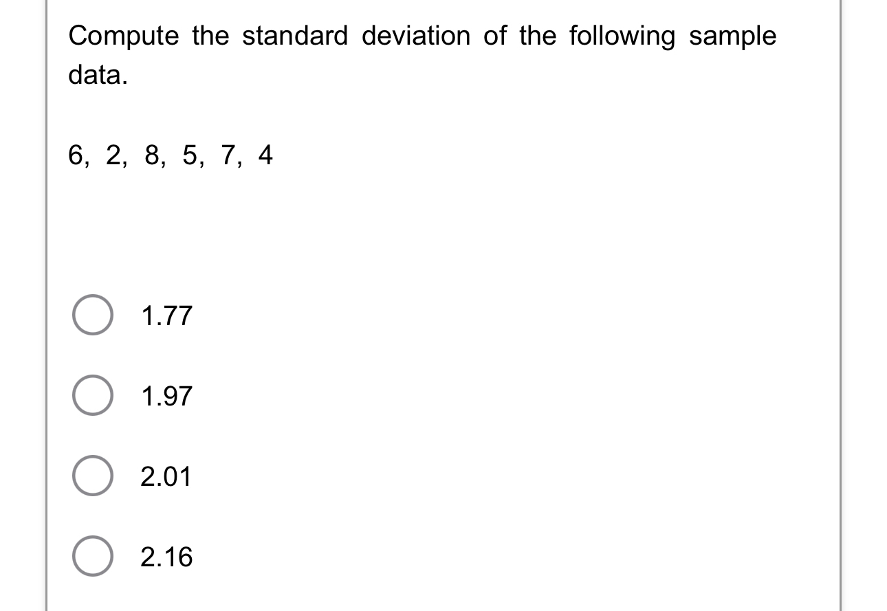 Solved Compute the standard deviation of the following | Chegg.com