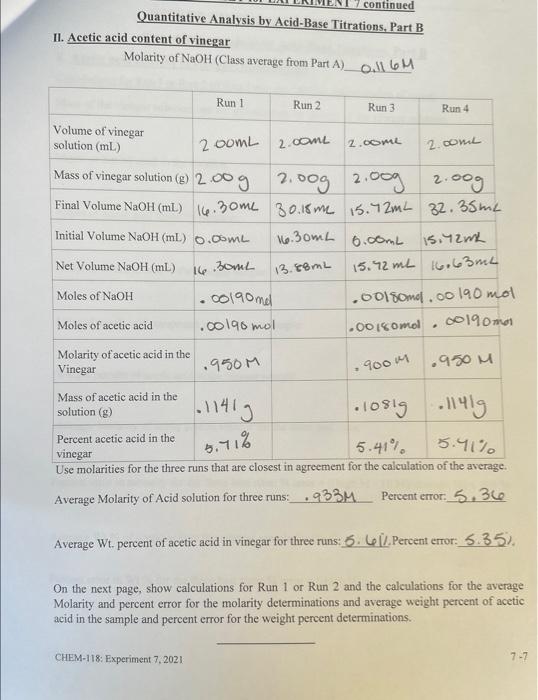 Quantitative Analysis by Acid-Base Titrations, Part B | Chegg.com