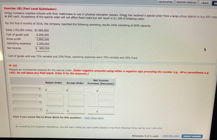 Solved CALCULATOR PRINTER VERSION BACK NA Exercise 183 (Part | Chegg.com