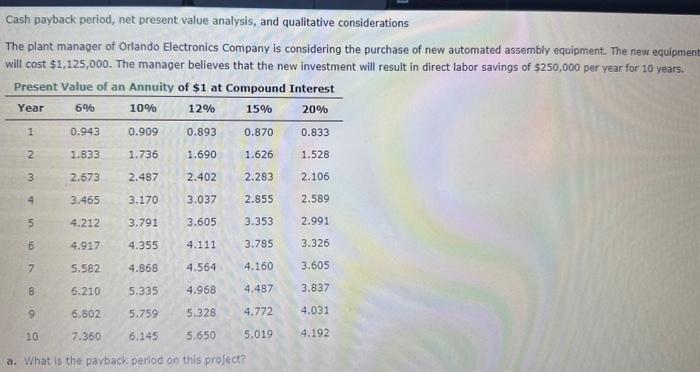 Solved Cash payback period, net present value analysis, and | Chegg.com