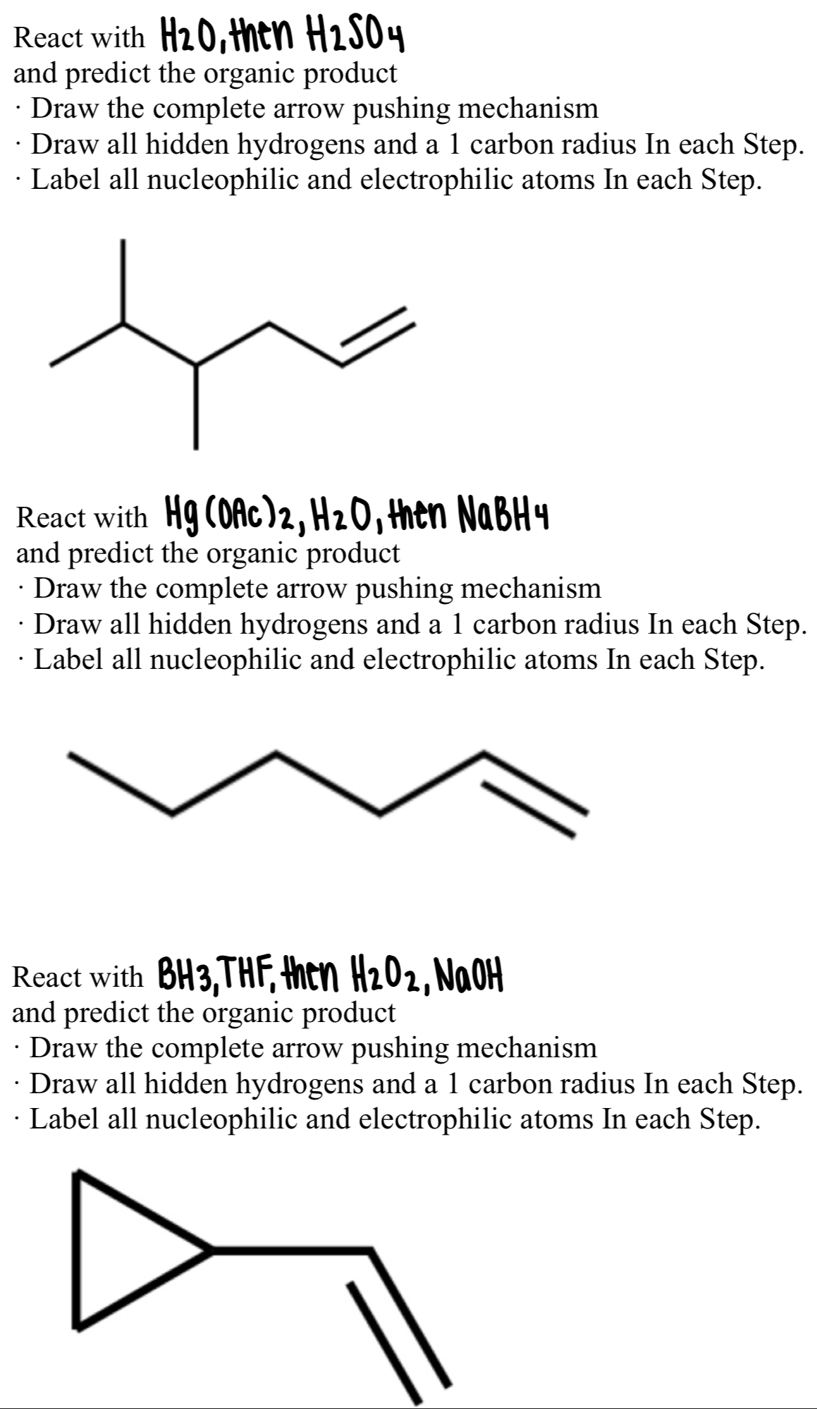Solved React 1 ﻿with H2O, ﻿then H2SO4 ﻿React 2 ﻿with | Chegg.com