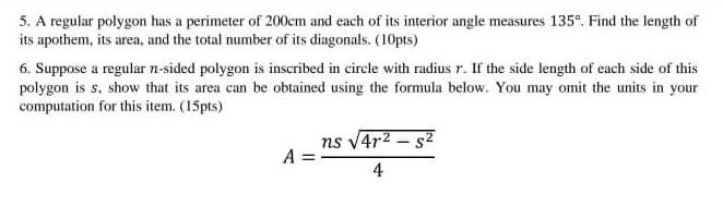 Solved 5. A regular polygon has a perimeter of 200cm and | Chegg.com