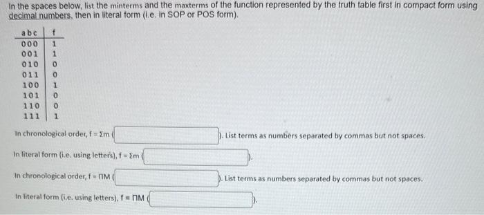 Solved In the spaces below, list the minterms and the | Chegg.com