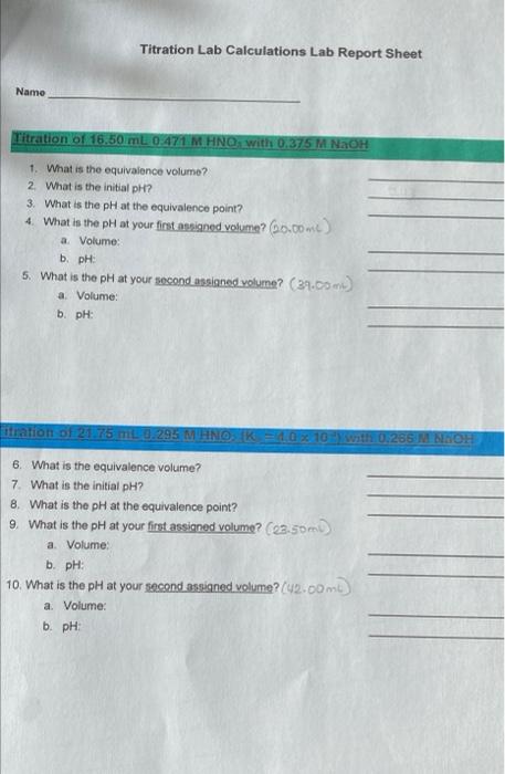 Solved Titration Lab Calculations Lab Report Sheet Namo | Chegg.com