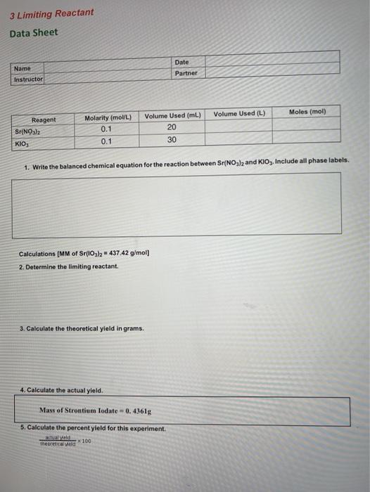 Solved 3 Limiting Reactant Data Sheet Name Instructor Date | Chegg.com
