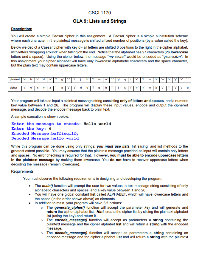 Solved Description:You will create a simple Caesar cipher in | Chegg.com
