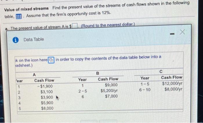 Solved Value of mixed streams Find the present value of the | Chegg.com