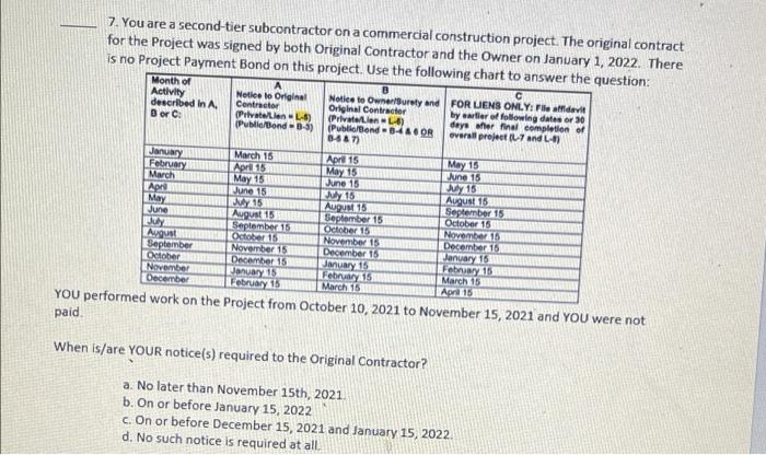 Solved 7. You are a second-tier subcontractor on a | Chegg.com