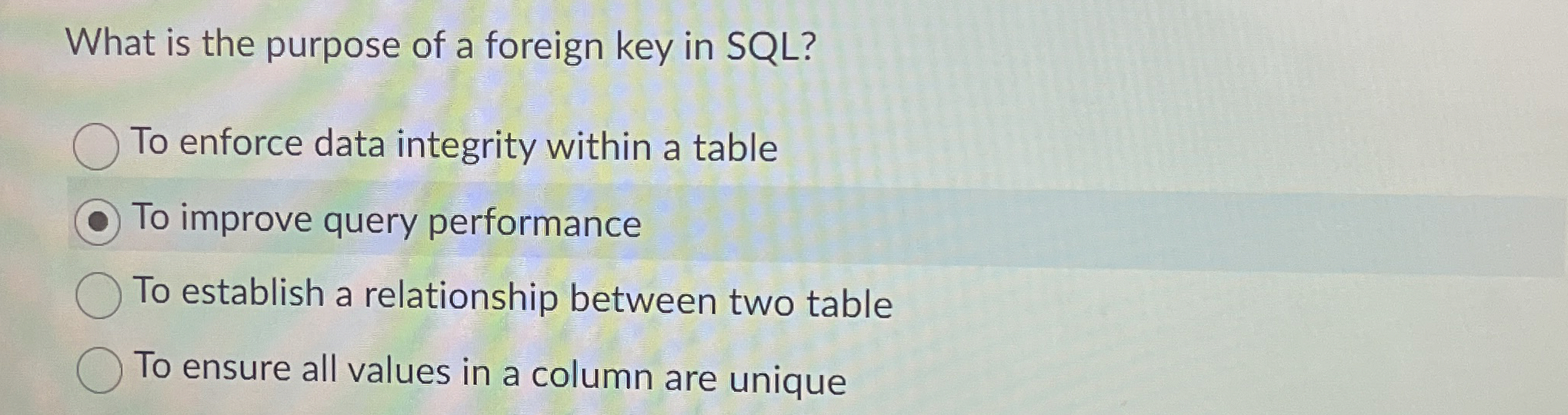 Solved What is the purpose of a foreign key in SQL?To | Chegg.com