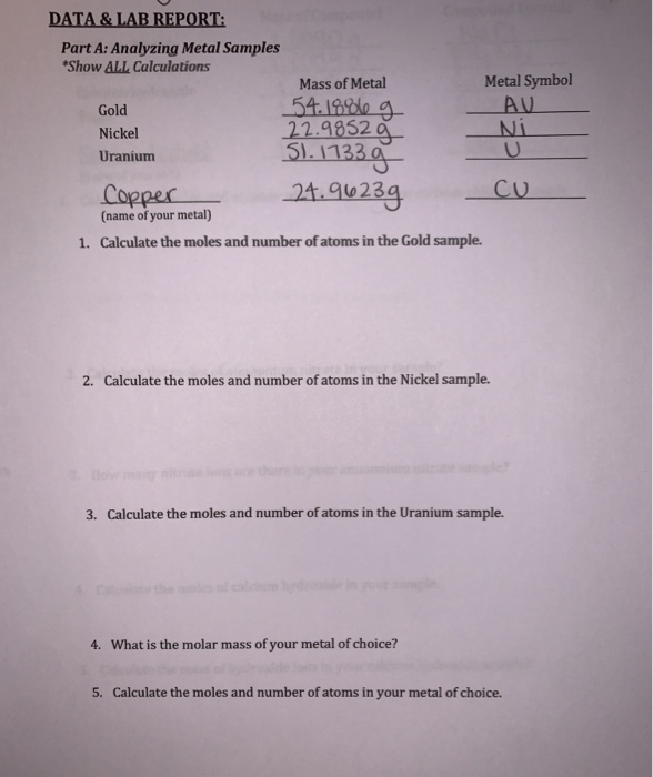 Solved DATA & LAB REPORT: Part A: Analyzing Metal Samples | Chegg.com
