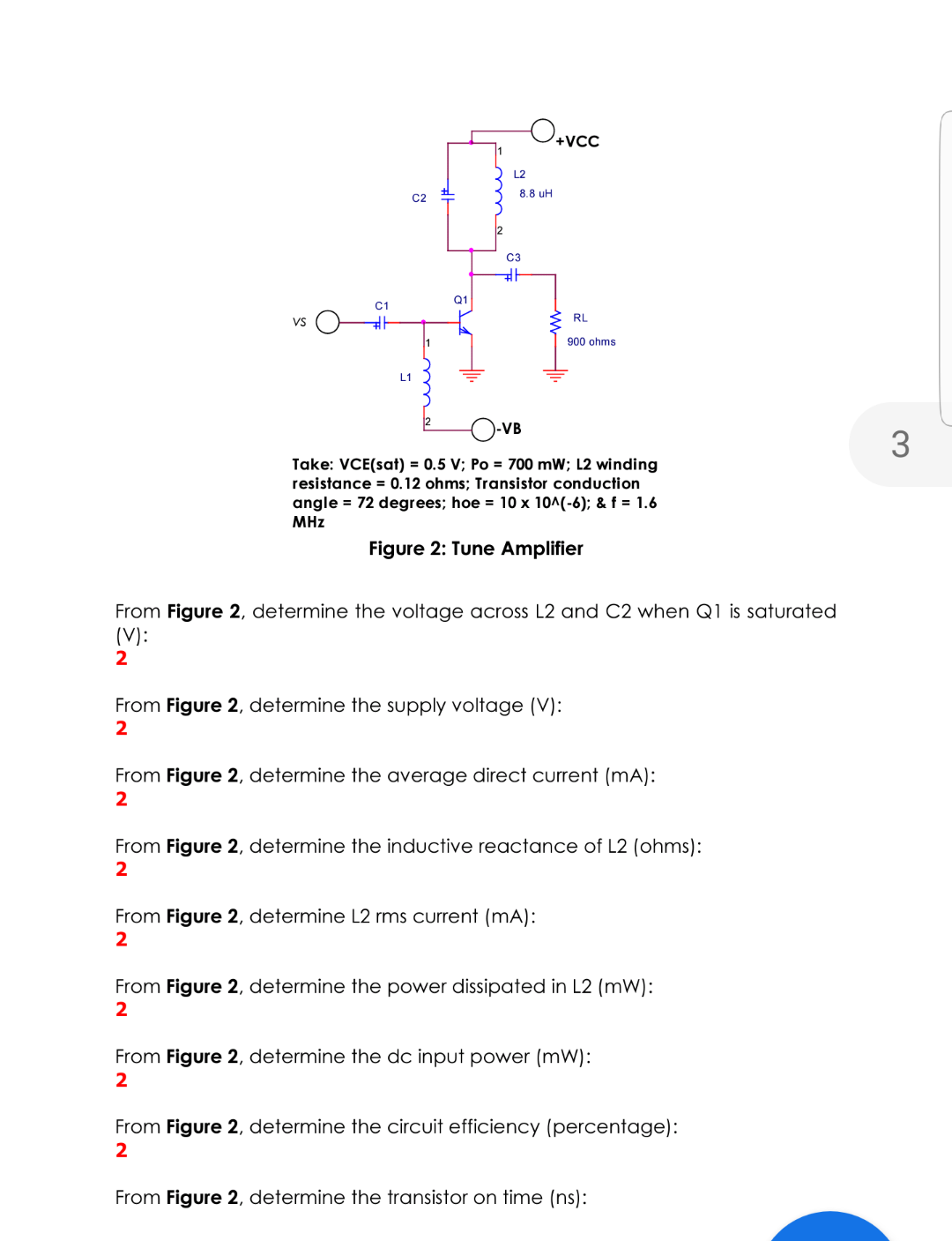 Solved -Otvce L2 C2 د بي N 8.8 H C3 Q1 C1 VS RL 900 ohms L1 | Chegg.com