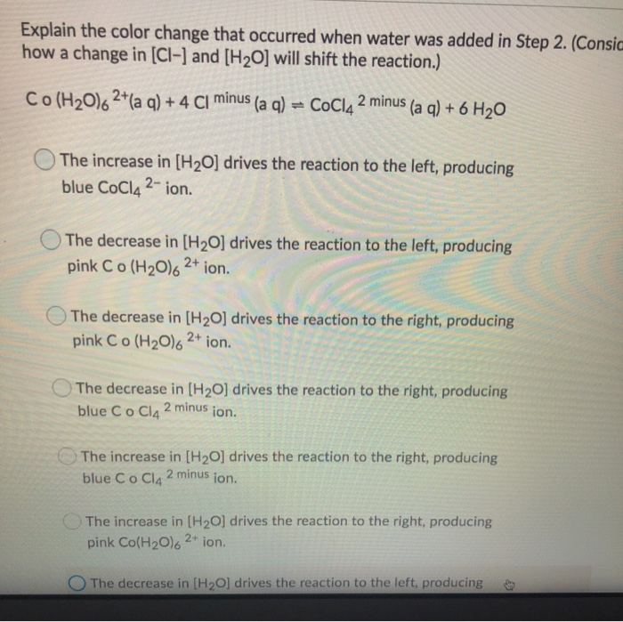 Solved Explain the color change that occurred when water was | Chegg.com