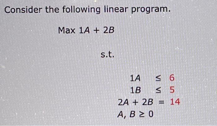 Solved Consider the following linear program. Max1A+2B s.t. | Chegg.com