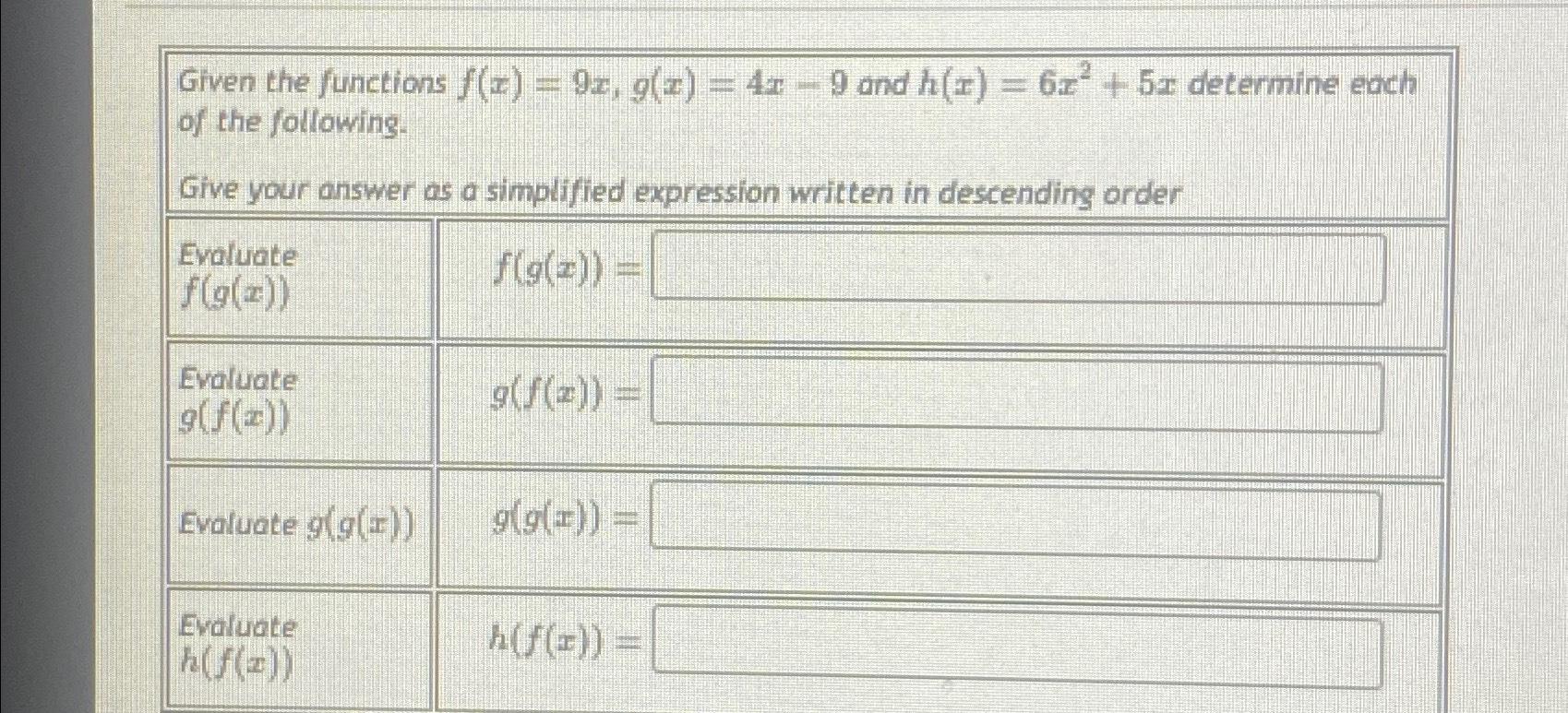 Solved Given the functions f(x)=9x,g(x)=4x-9 ﻿and | Chegg.com