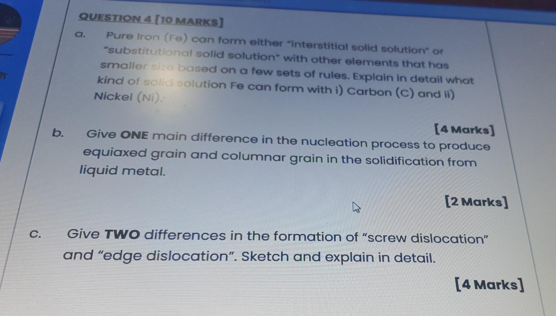 Solved a. QUESTION 4 [10 MARKS] Pure Iron (Fe) can form | Chegg.com