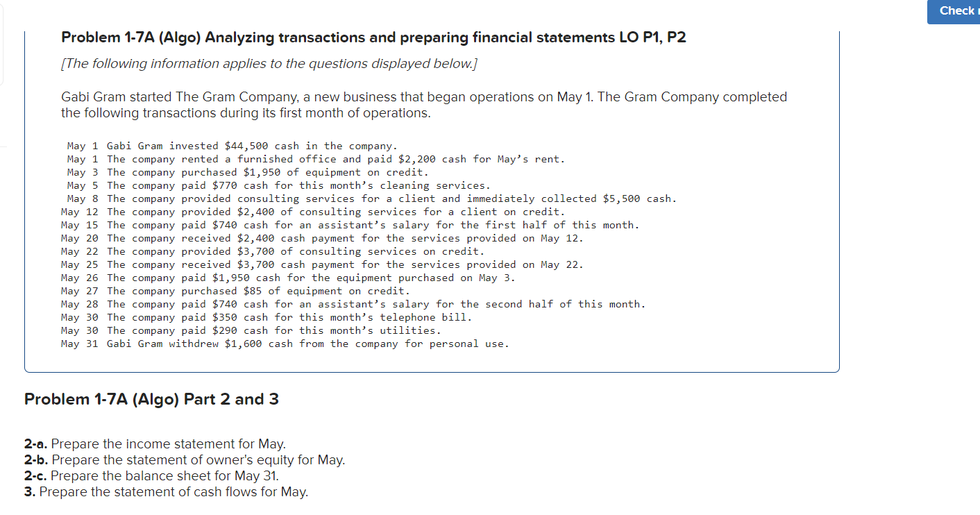 Solved Problem 1-7A (Algo) ﻿Analyzing transactions and | Chegg.com