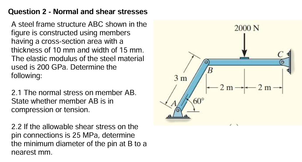 Solved Question 2 - ﻿Normal and shear stresses A steel frame | Chegg.com