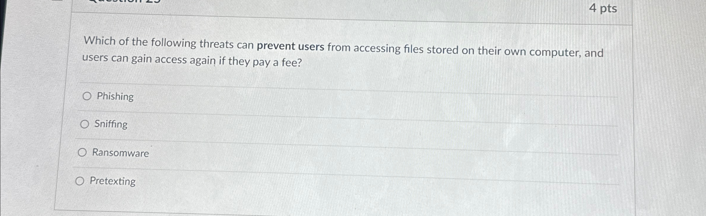 Solved 4 ﻿ptsWhich of the following threats can prevent | Chegg.com