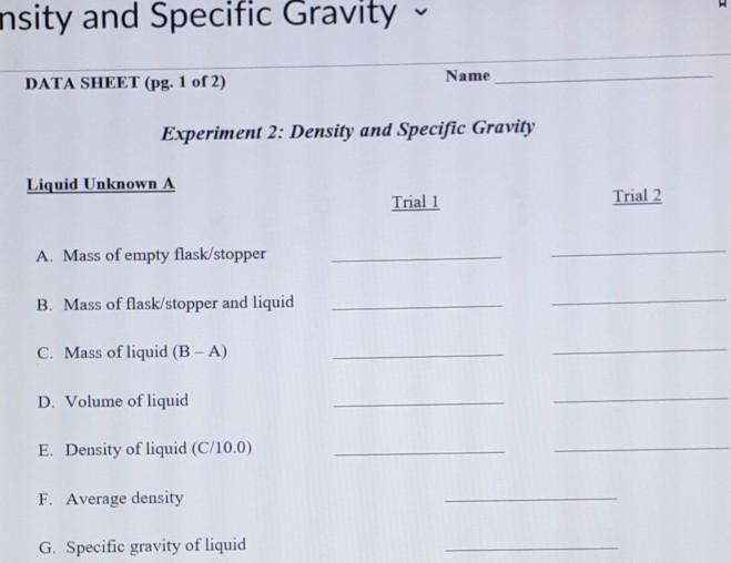 nsity and Specific Gravity DATA SHEET (pg. 1 of 2) | Chegg.com