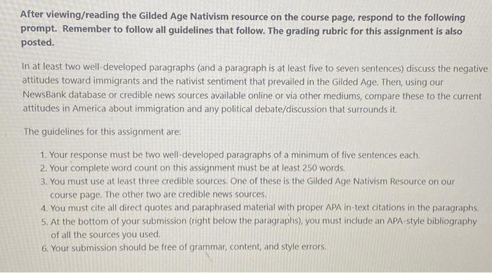 After viewing/reading the Gilded Age Nativism | Chegg.com