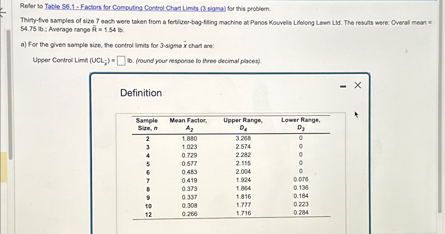 Solved Refer to Table S6.1 - ﻿Factors for Computing Control | Chegg.com