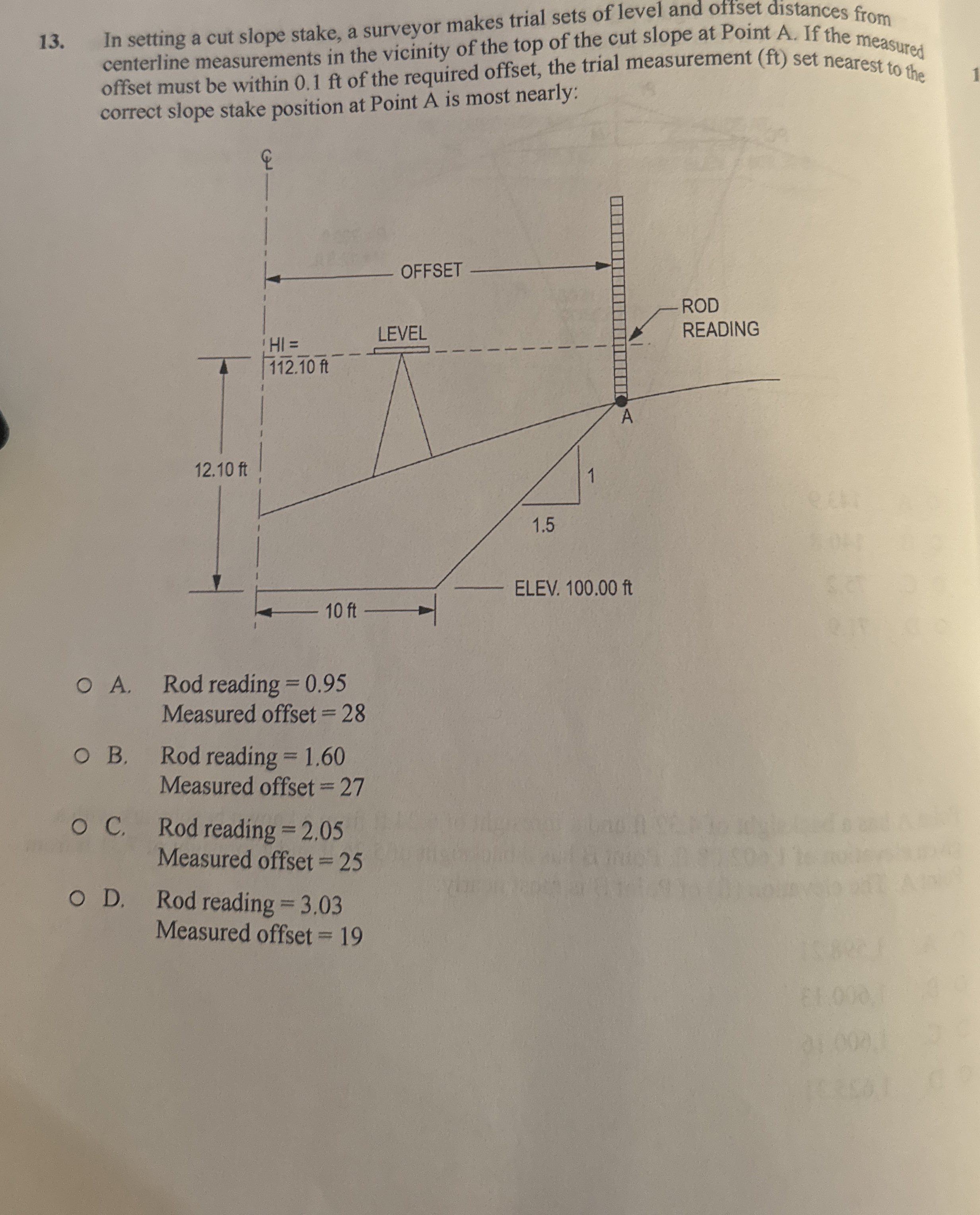 In setting a cut slope stake, a surveyor makes trial | Chegg.com