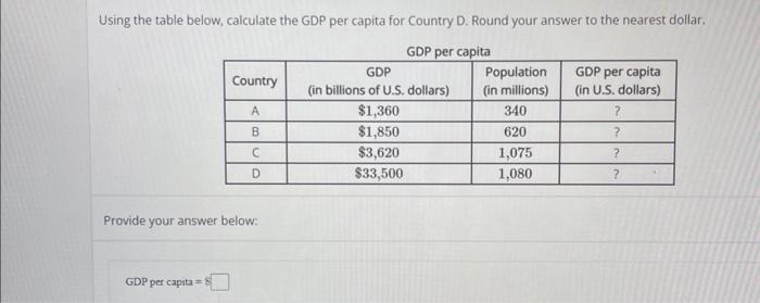 Using the table below, calculate the GDP per capita | Chegg.com