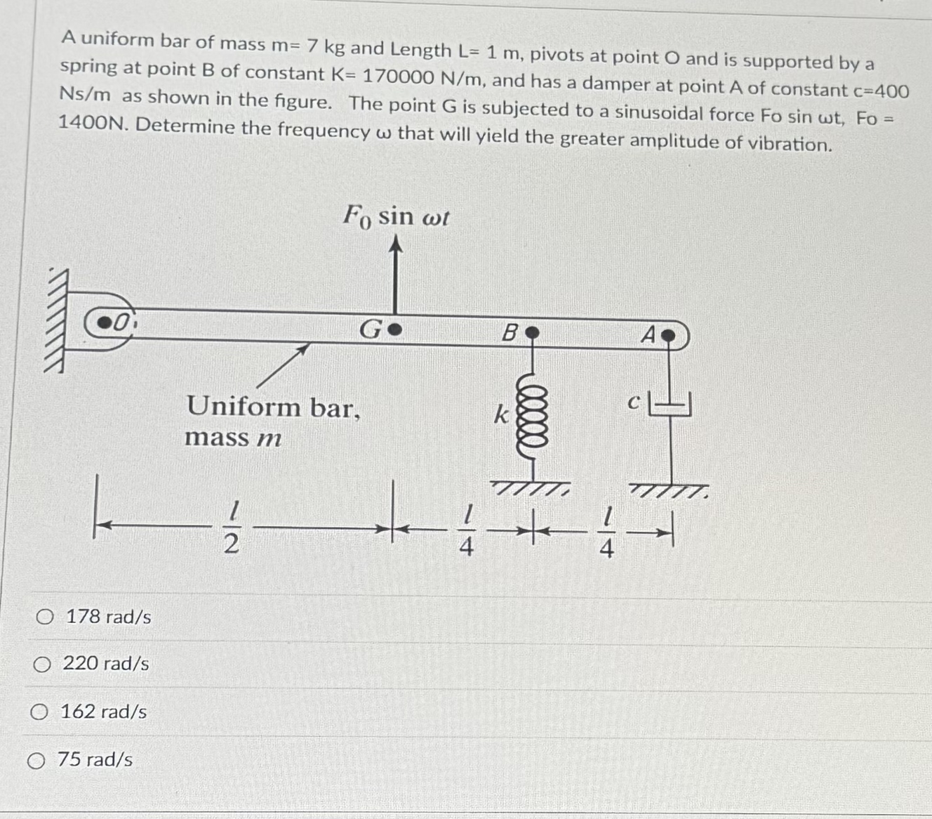 Solved A uniform bar of mass m=7kg ﻿and Length L=1m, ﻿pivots | Chegg.com