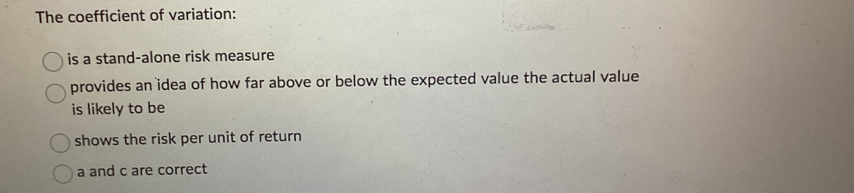 Solved The coefficient of variation:is a stand-alone risk | Chegg.com