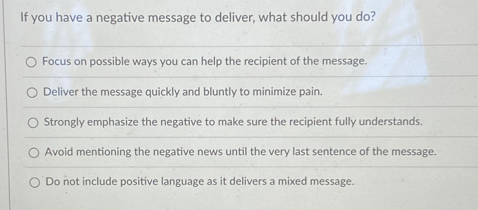 Solved If you have a negative message to deliver, what | Chegg.com