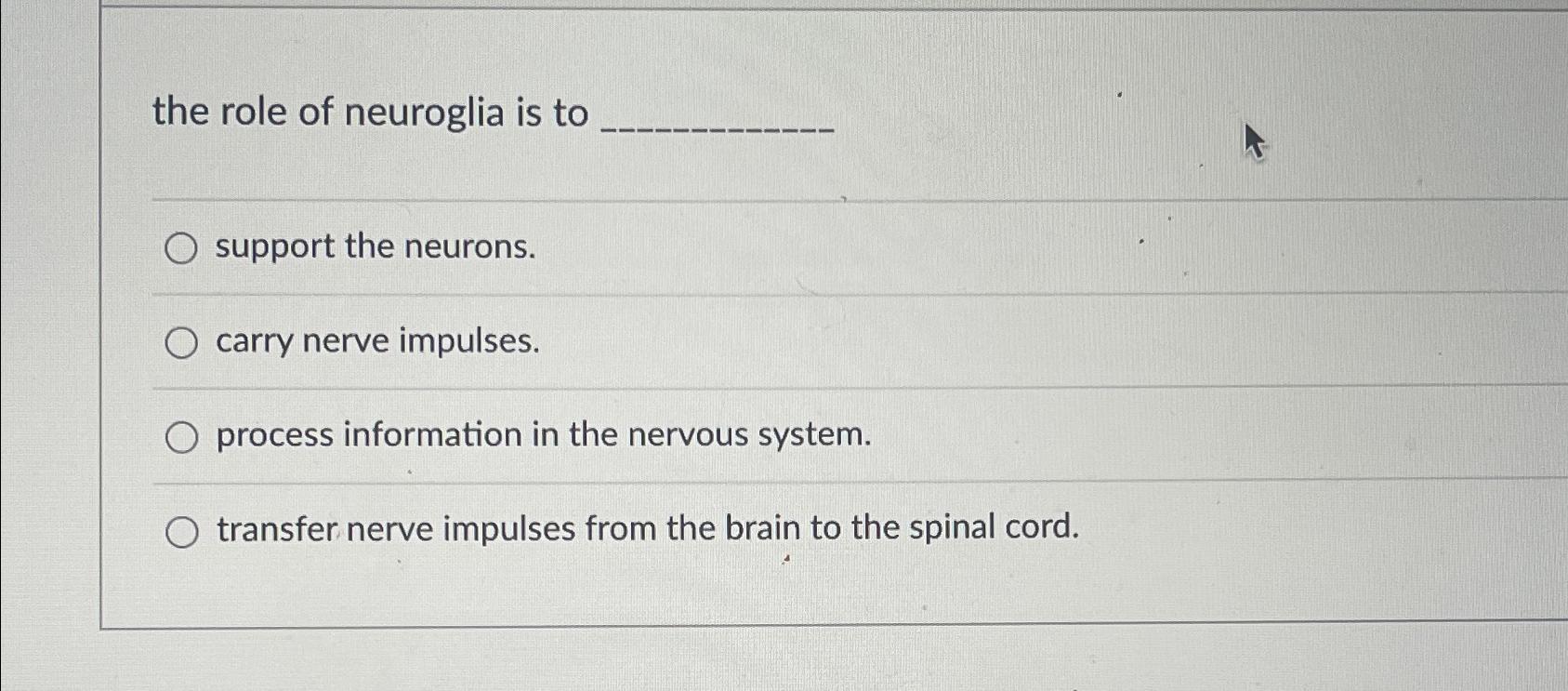 Solved the role of neuroglia is tosupport the neurons.carry | Chegg.com