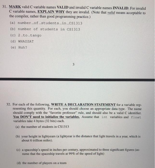Solved 31. MARK valid C variable names VALID and invalid C | Chegg.com
