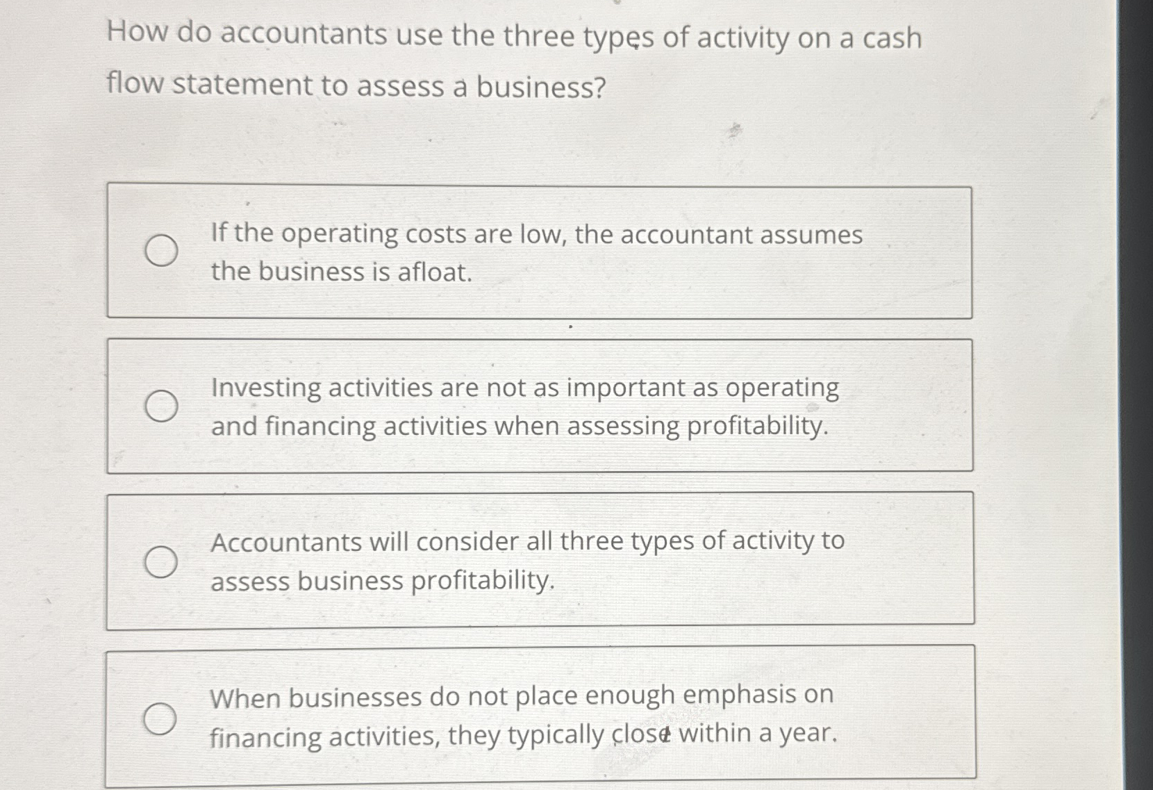 Solved How do accountants use the three types of activity on | Chegg.com