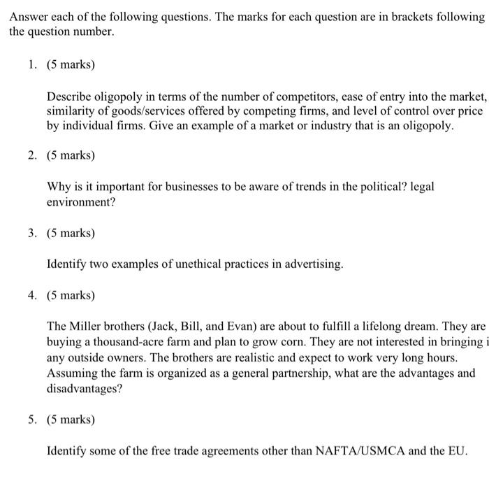 Solved Answer each of the following questions. The marks for | Chegg.com