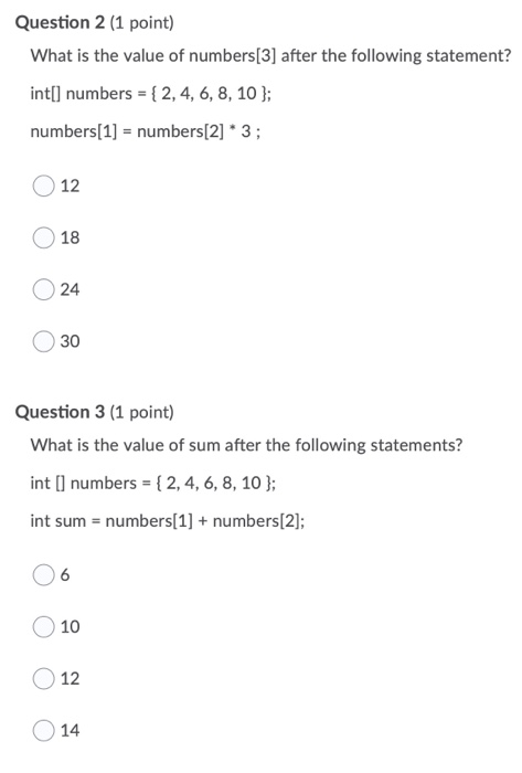 Solved Question 2 (1 point) What is the value of numbers[3] | Chegg.com