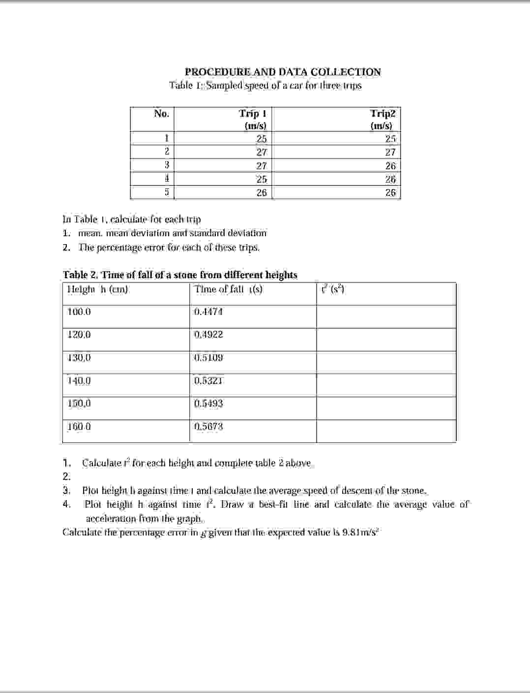 Solved PROCEDURE AND DATA COLLECTIONTable I Sampled speed or | Chegg.com