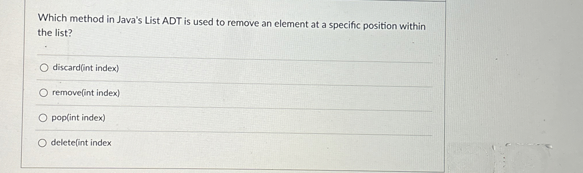 Solved Which method in Java's List ADT is used to remove an | Chegg.com