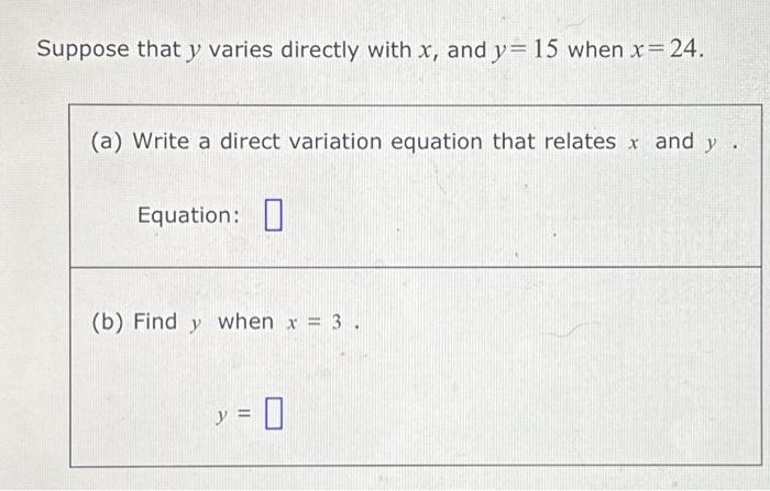 Solved Suppose that y varies directly with x, and y= 15 when | Chegg.com