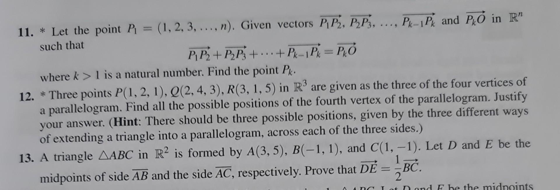 11. * Let the point P1=(1,2,3,…,n). Given vectors | Chegg.com