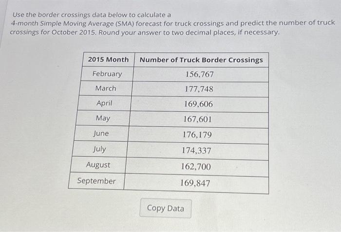 Use the border crossings data below to calculate a | Chegg.com