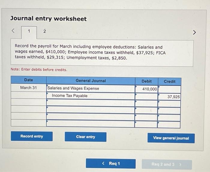 Solved Journal entry worksheet Record the payroll for March | Chegg.com