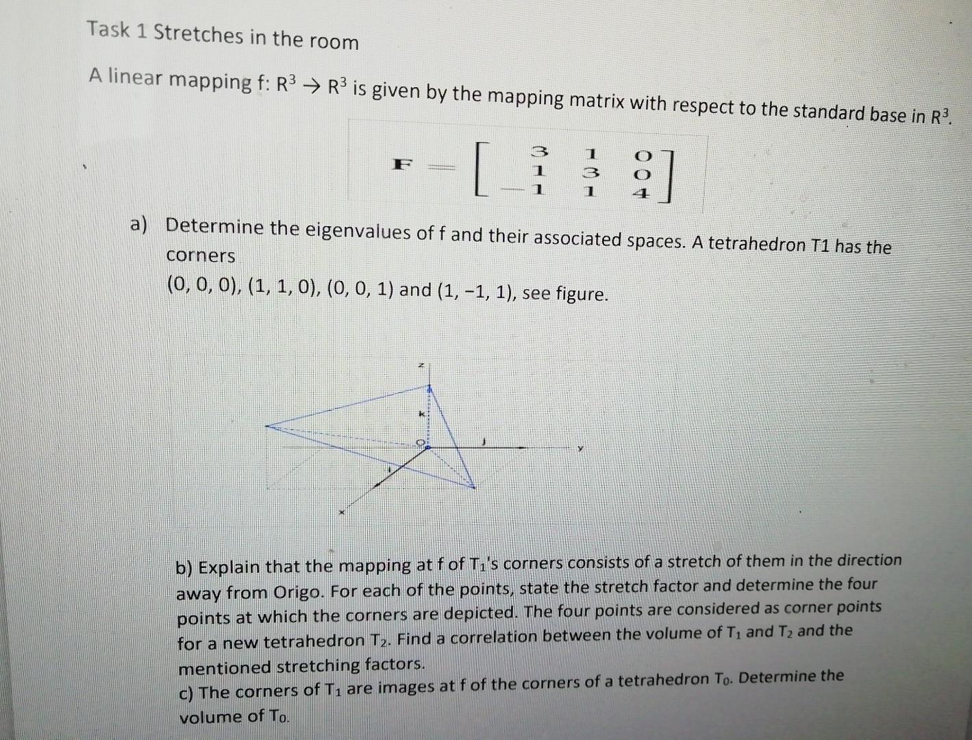 Solved Task 1 Stretches in the room A linear mapping f: R3 | Chegg.com