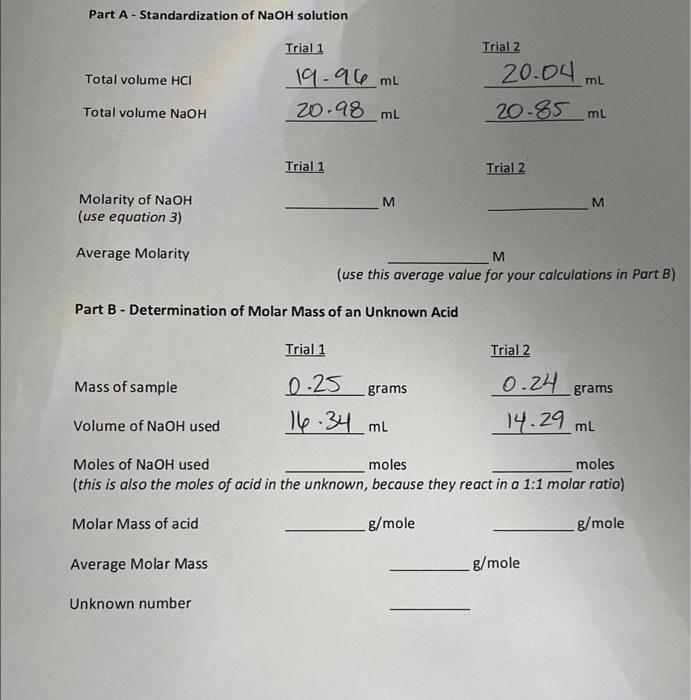 Solved Part A - Standardization of NaOH solution Trial 1 | Chegg.com
