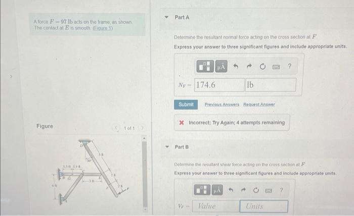 Solved A force F=97lb acts on the frame, as shown. The | Chegg.com