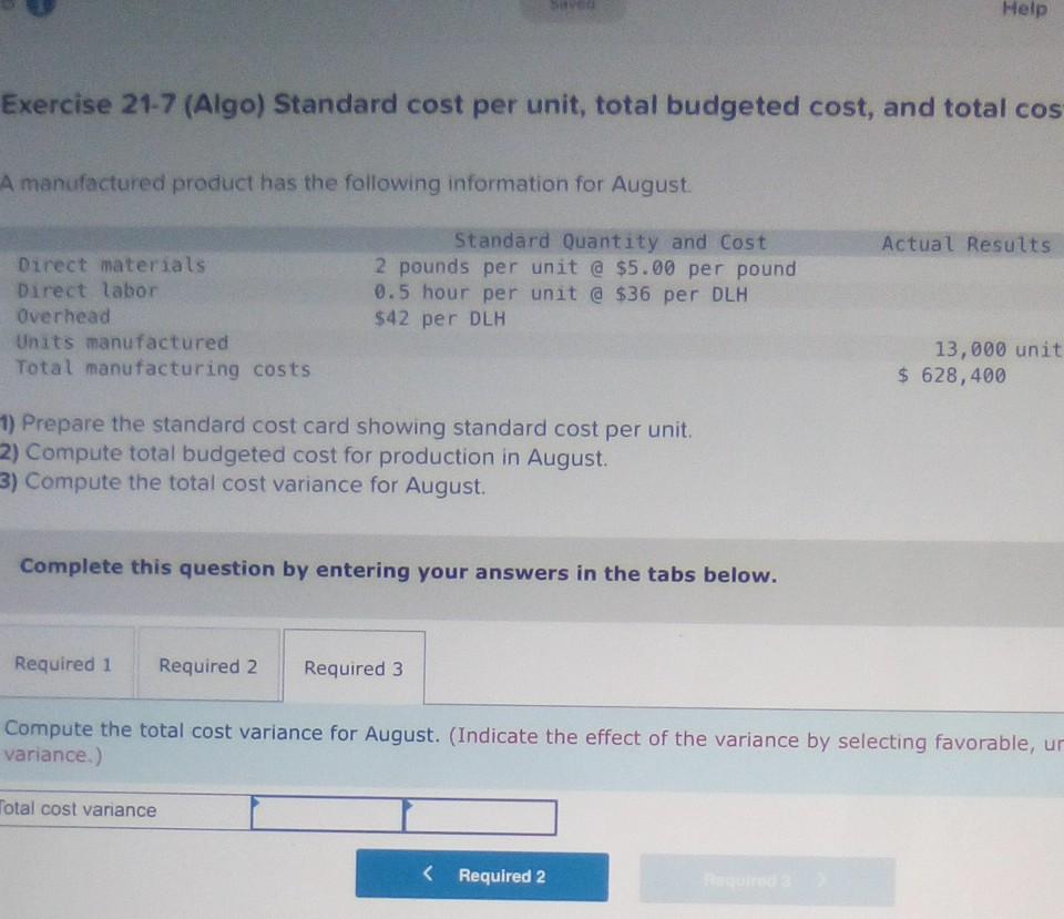 Solved Help Exercise 21-7 (Algo) Standard cost per unit, | Chegg.com