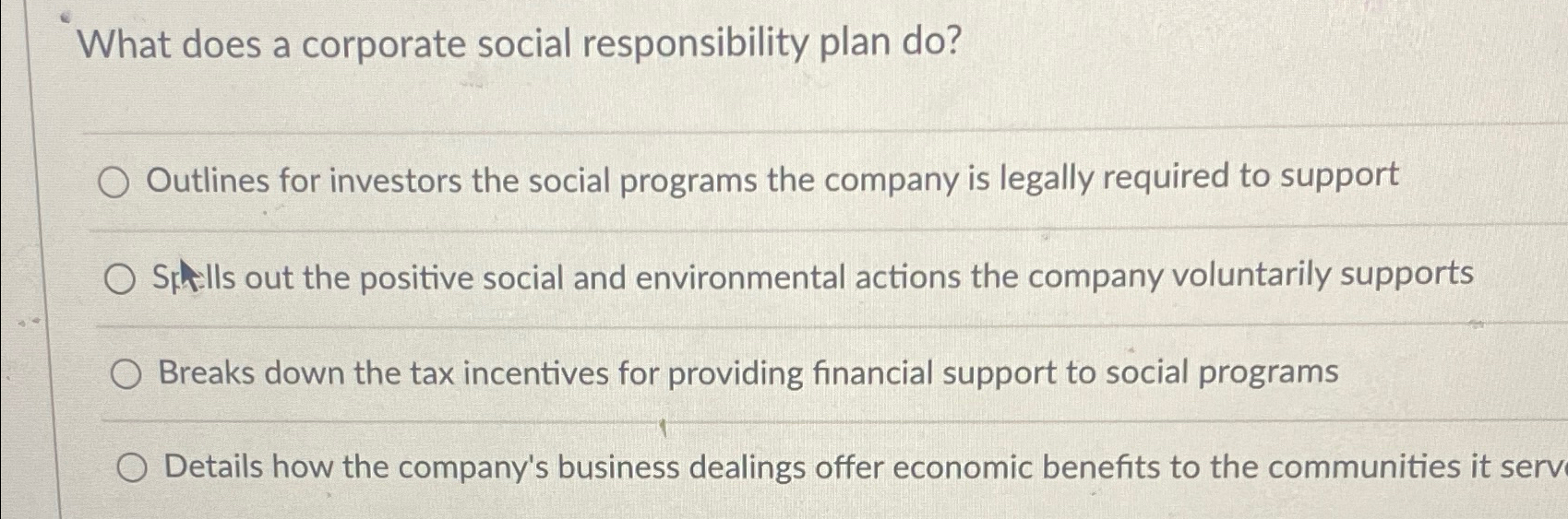 Solved What does a corporate social responsibility plan | Chegg.com