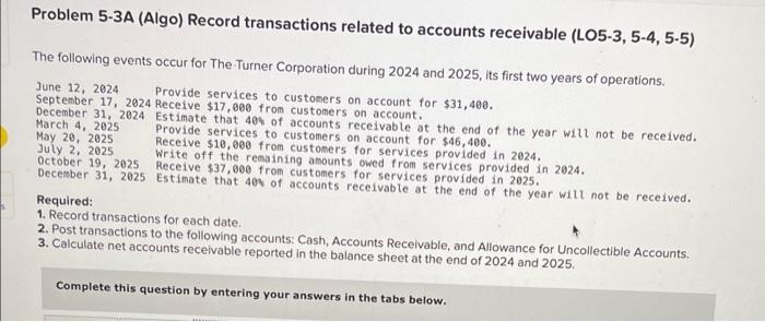 Solved Problem 5-3A (Algo) Record transactions related to | Chegg.com